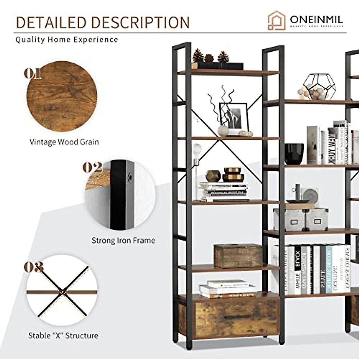 oneinmil Triple Wide 5-Tier Bookshelf with 2 Drawers, Rustic Etagere Book Shelves Display Shelf for Home Office, Industrial Style Wood and Metal Bookshelf in Living Room, Study, Bedroom (Brown)