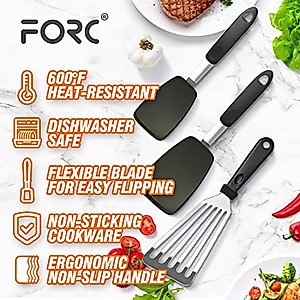 Silicone Spatula, Forc 3 Pack 600°F Heat Resistant BPA Free Nonstick Cookware Dishwasher Safe Flexible Sturdy Nonporous Spatula Set, Rubber Spatula for Flipping Eggs, Steak, Burgers, Crepes,Black