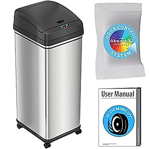 iTouchless Glide 13 Gallon Sensor Trash Can with Wheels and Odor Control System Stainless Steel Silver Rectangle Fingerprint Proof Seal On-Off Switch