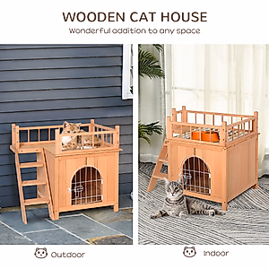 PawHut 2-Level Elevated Waterproof Outdoor Wooden Treehouse Cat Shelter With Balcoy