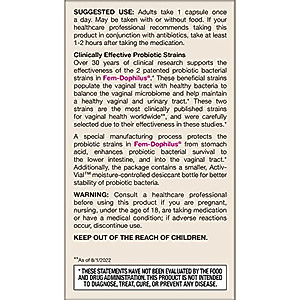 Jarrow Formulas Fem-Dophilus Probiotics 1 Billion CFU With 2 Clinically Effective Strains, Dietary Supplement for Vaginal Health and Urinary Tract Health, 60 Veggie Capsules, 60 Day Supply