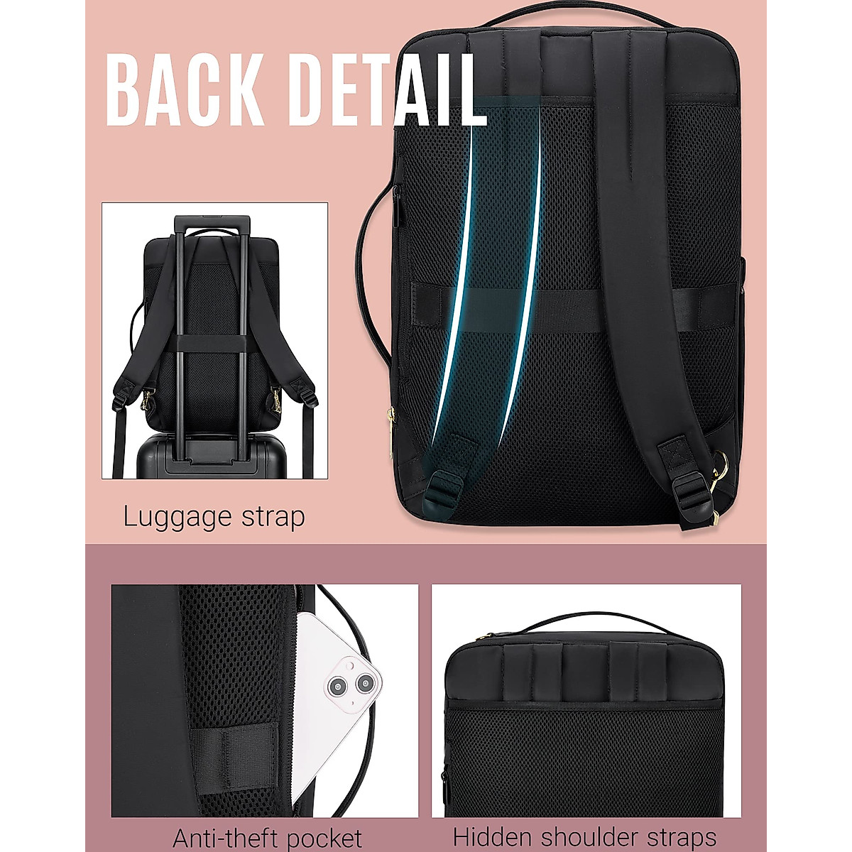 LIGHT FLIGHT Laptop Backpack Women, Large Computer Backpack for 17.3 Inch Laptop, Professional Womens Work Backpack, Convertible 3 In 1 Backpacks Water Resistant, Black