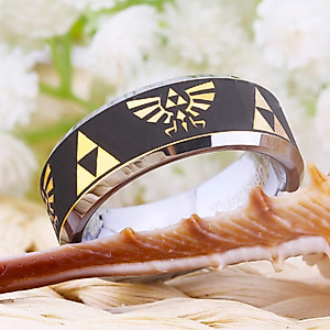 CLOUD DANCER FREE Custom Engraving The Legend of Zelda Ring- Crest and Triforce Ring Gold with Silver Bevel Tungsten Carbide Wedding Ring Engagement Ring (10)