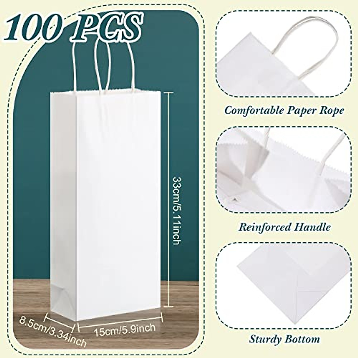 Yexiya Paper Wine Bags with Handle Tote Wine Gift Bags White Kraft Bags for Wine Bottles Gifts Wedding Birthday Housewarming Christmas Party, 6 x 3 x 13 Inch (100 Pcs)