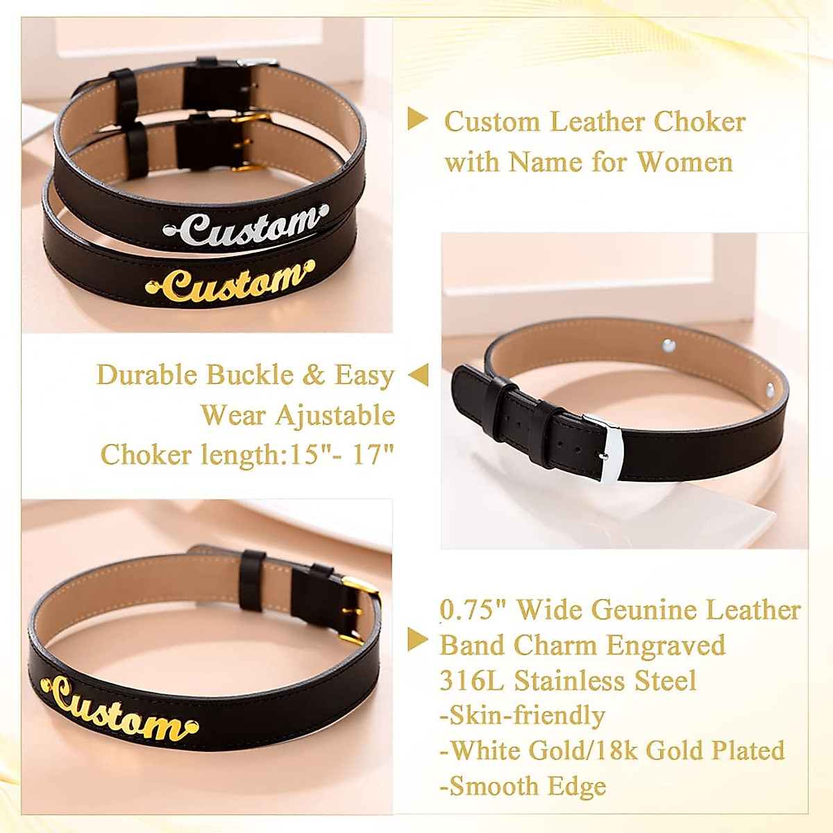 Custom4U Personalized Leather Choker Collar Necklace Name Engraved Choker Nameplate Charm Black Goth Choker Punk Jewelry for Women