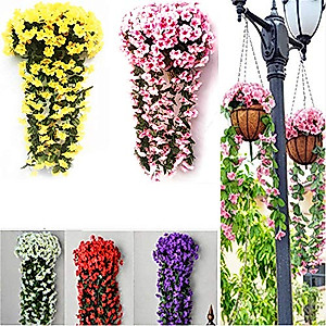 Meitan Artificial Violet Hanging Flower, Silk Violet Flower Garland Hanging Basket Decorative Plant Home Outdoor Wedding Arch Garden Wall Décor (2 pcs Rose Red)