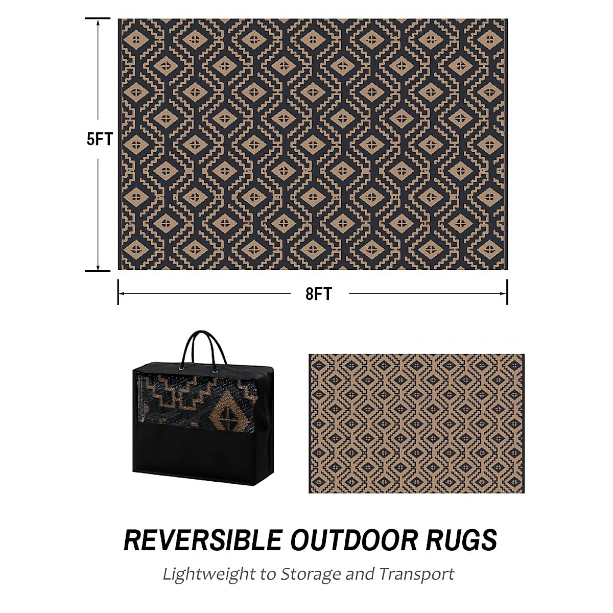 Outdoor Rugs - Reversible Mats, 5'x8' Plastic Straw Rug for Patio Clearance Waterproof, Indoor Outdoor Area Rug Carpet for Outside, RV, Deck, Picnic, Beach, Trailer, Camping(Black & Brown)