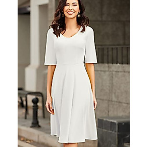 ELESOL Women's A-Line Dress Floral Print Knee Long Tea Dress,White/XL