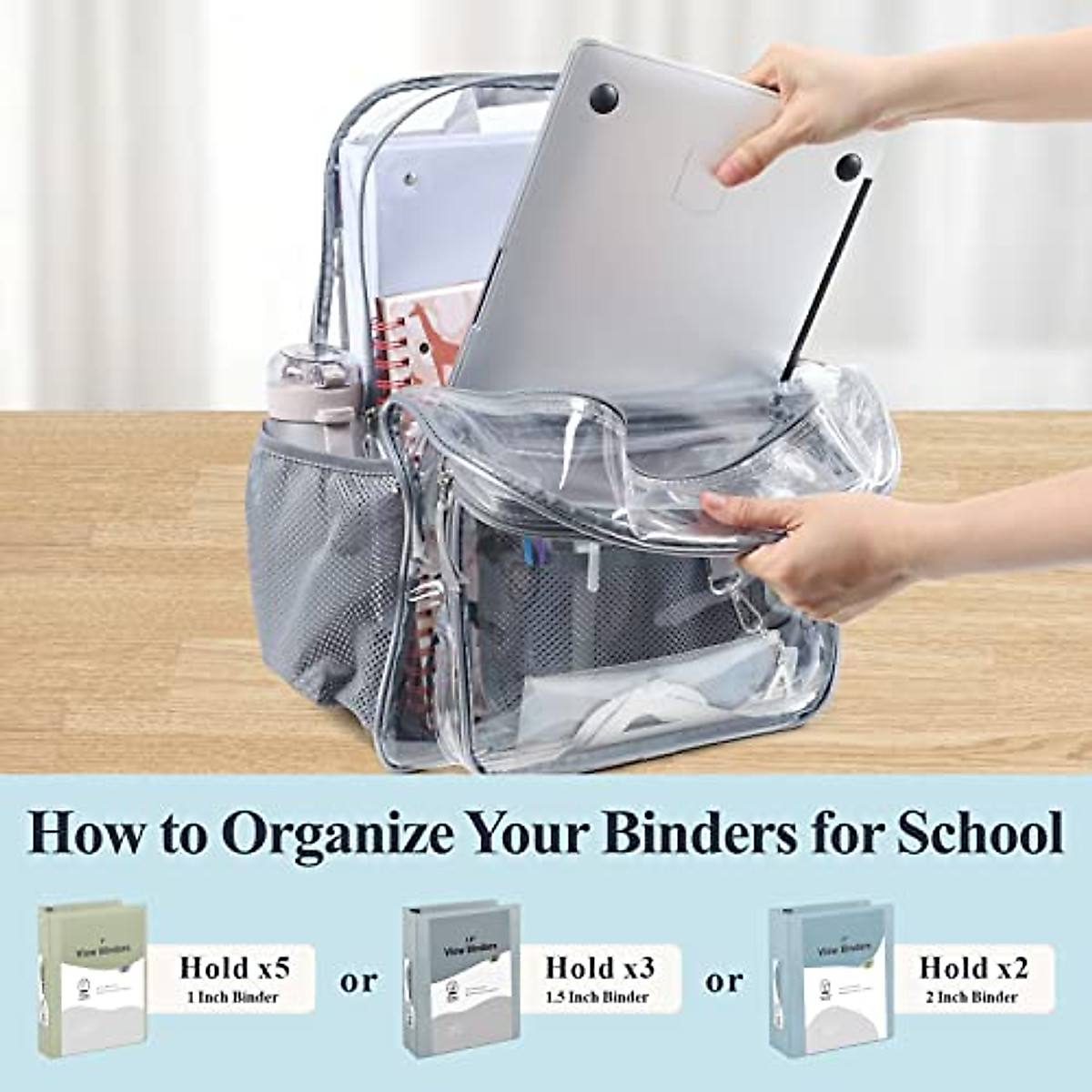 PACKISM Clear Backpack for School - 17" Heavy Duty PVC Transparent Backpacks with Multi-pockets for College Workplace Security, Grey(for age 12 above)