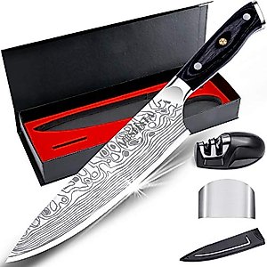 MOSFiATA 8" Super Sharp Professional Chef's Knife with Finger Guard and Knife Sharpener, German High Carbon Stainless Steel EN1.4116 with Micarta Handle and Gift Box