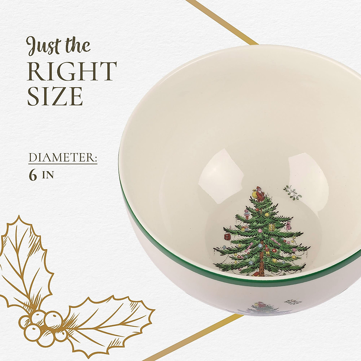 Spode Christmas Tree Collection Rice Bowl - Measured at 6", Use for Soup, Frozen Meals, Stews, and Sticky Rice Dinners, Made of Earthenware, Dishwasher and Microwave Safe