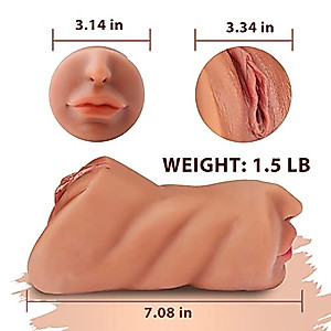 3 in 1 Pocket Pussy Male Masturbators with Lifelike Face, Sex Doll with Realistic Textured Mouth Vagina and Tight Anus, Masturbator Male Stroker Deep Throat Oral Adult Sex Toys for Men (Brown)