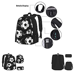 ASEELO Soccer Black Three Piece Schoolbag Backpack Set With Lunch Bag Pen Bag 15 Inch Laptop Backpack Schoolbag