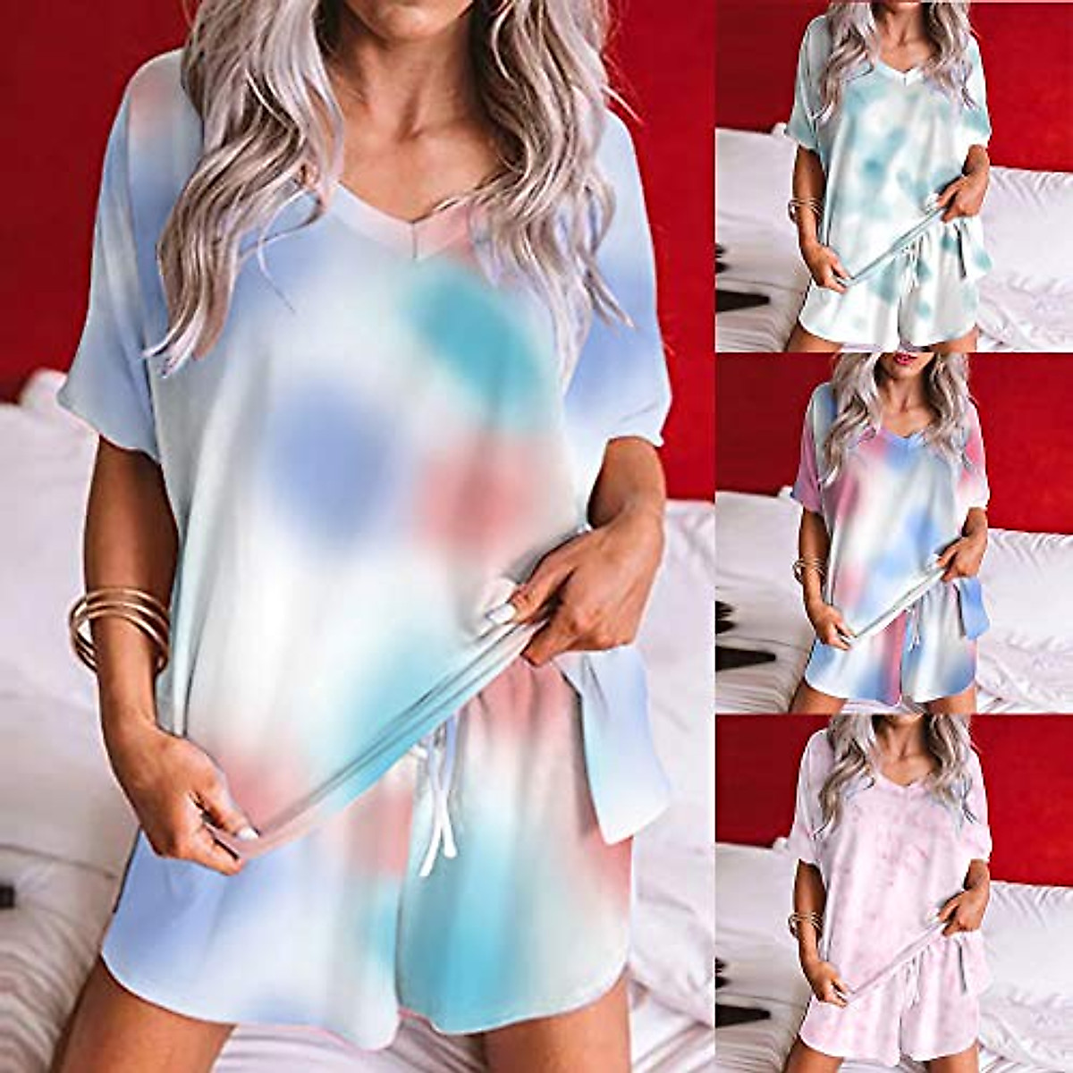 Pottseth Night Shirt For Women Plus Size Tie Dye Printed Casual Outfit Short Lounge Set and Long Pajamas Set Short Sleepwear Loungewear Nightwear Green
