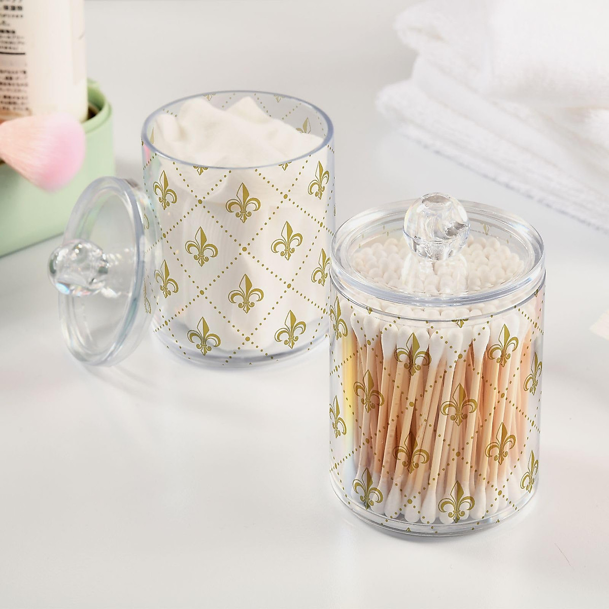 susiyo 4 Pack Golden Fleur De Lis Plastic Apothecary Jar Containers Qtip Holder Dispenser Bathroom Vanity Storage Organizer Canister for Cotton Balls, Swabs, Makeup Sponges, Bath Salts, Hair Clips