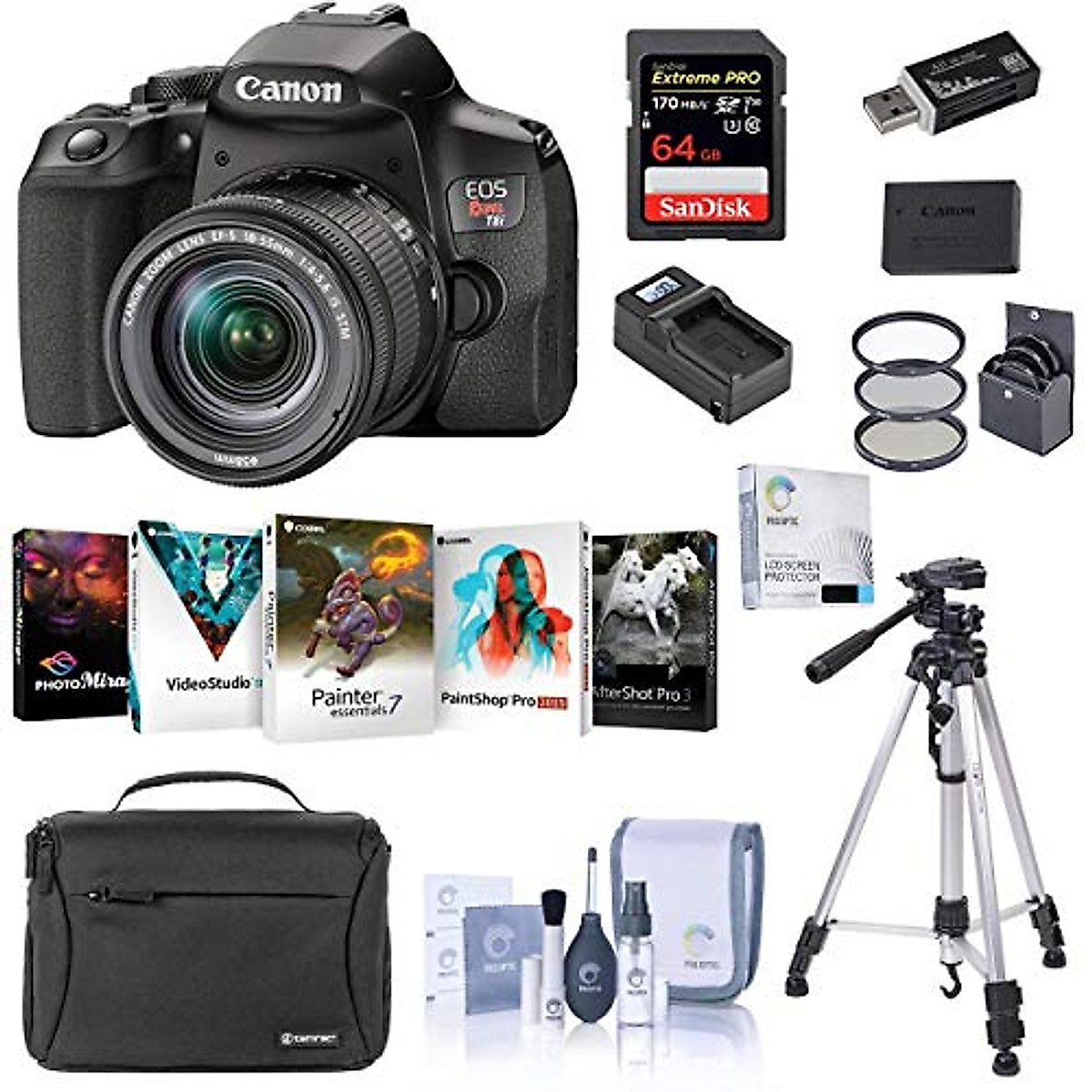 Canon EOS Rebel T8i DSLR Camera with 18-55mm Lens, Bundle with Bag, 64GB SD Card, Extra Canon Battery, Charger, Tripod, Filter Kit and Accessories