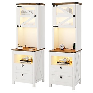 FREDEES Farmhouse Tall Bedside Table Set 2, Nightstand with Drawers & Adjustable Sheves, LED Night Stand with Gun Drawer, Smart End Table for Bedroom, Antique White