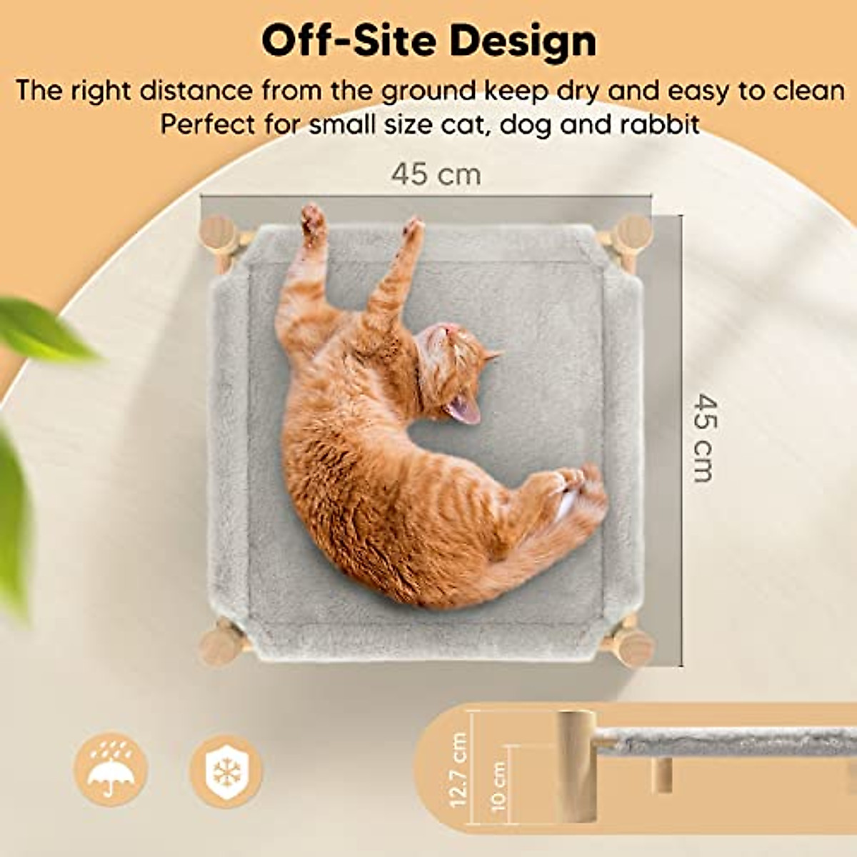 FLUFFEE Cat Hammock Bed, Wooden Elevated Cat Bed for Indoor Cats, Portable Washable Raised Pet Bed for Kitten Puppy Rabbit - Grey