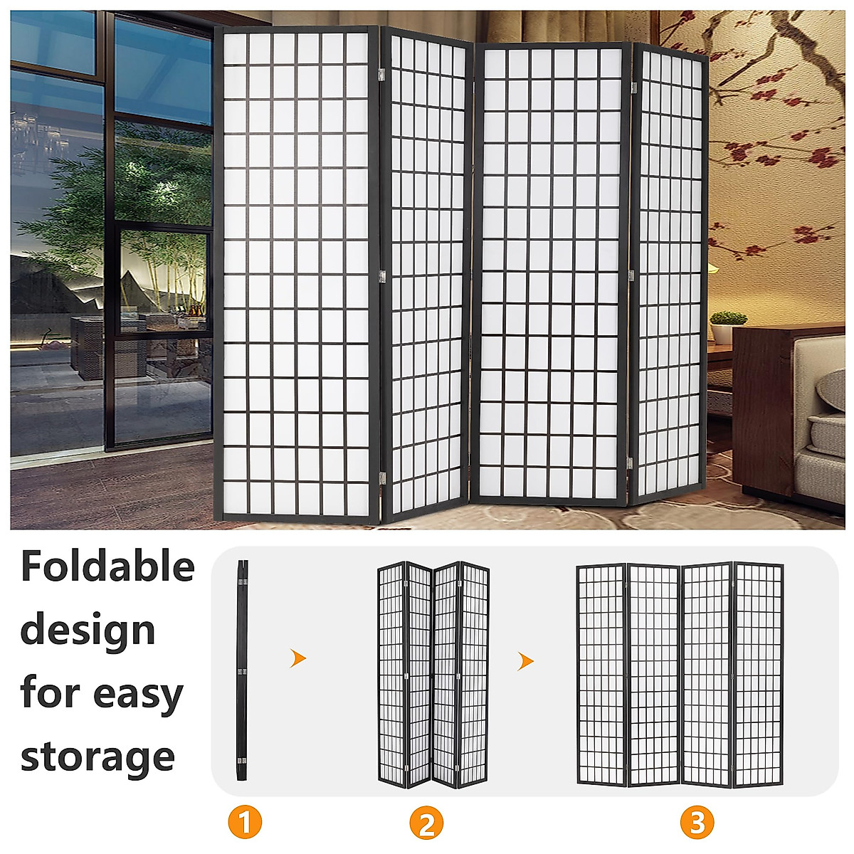 Room Divider 6Ft Folding Oriental Shoji Screen - Portable Privacy Divider with 4 Panels, Freestanding Japanese-Inspired Wood Partition Screen, White