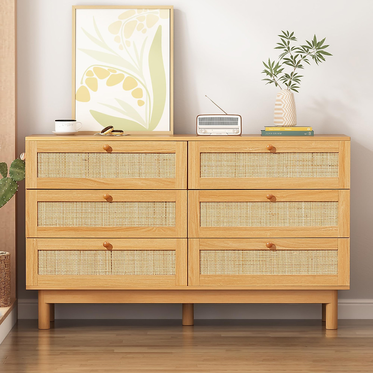DHMAKER 6 Drawer Rattan Dresser, 48" Modern Double Dresser for Bedroom, Wide Chest of Drawers, Wood Storage Cabinet for Bedroom, Entryway, Living Room, Hallway