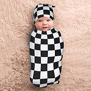 Checkered Black And White Baby Stuff New Born Swaddle Baby Blanket Sleep Sack Soft Stretchy Transition Baby Swaddle Wrap Receiving Blankets With Beanie Hat Sets Gifts For 0-6 Month Boy Girl And Infant