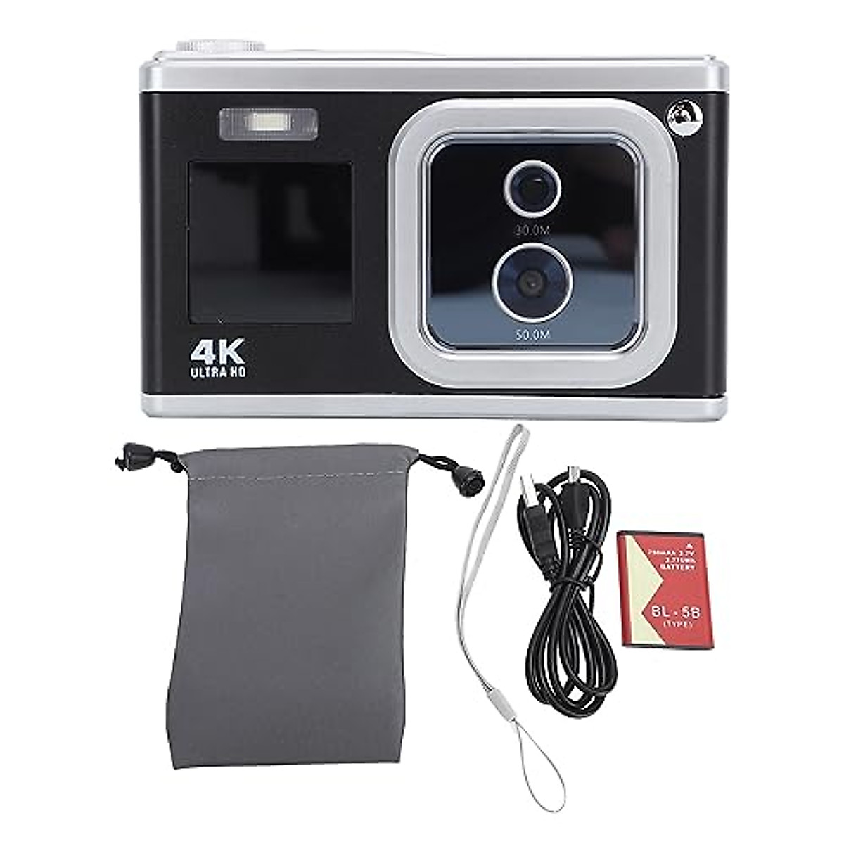 HD 4K Digital Camera, Autofocus Compact Digital Camera Dual Lens Dual Screen for Photography (Black)