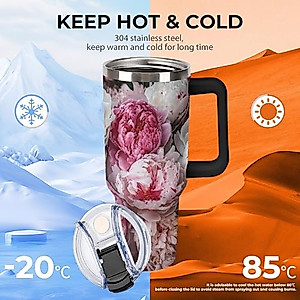 STVNKML 40 Oz Tumbler with Handle Peach And White Peonies Stainless Steel Coffee Mug Reusable Travel Mug Leak-proof Insulated Car Cup Large Capacity Tumbler for Travel, Outdoor, Home Use (Black)