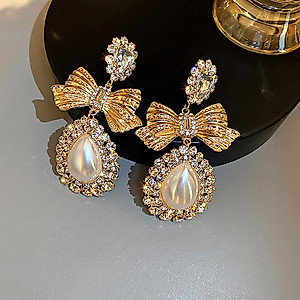 Wiwpar Large Teardrop Dangle Earrings Sparkly Rhinestone Pendant Drop Earrings Bow Dangle Earrings Gold for Women