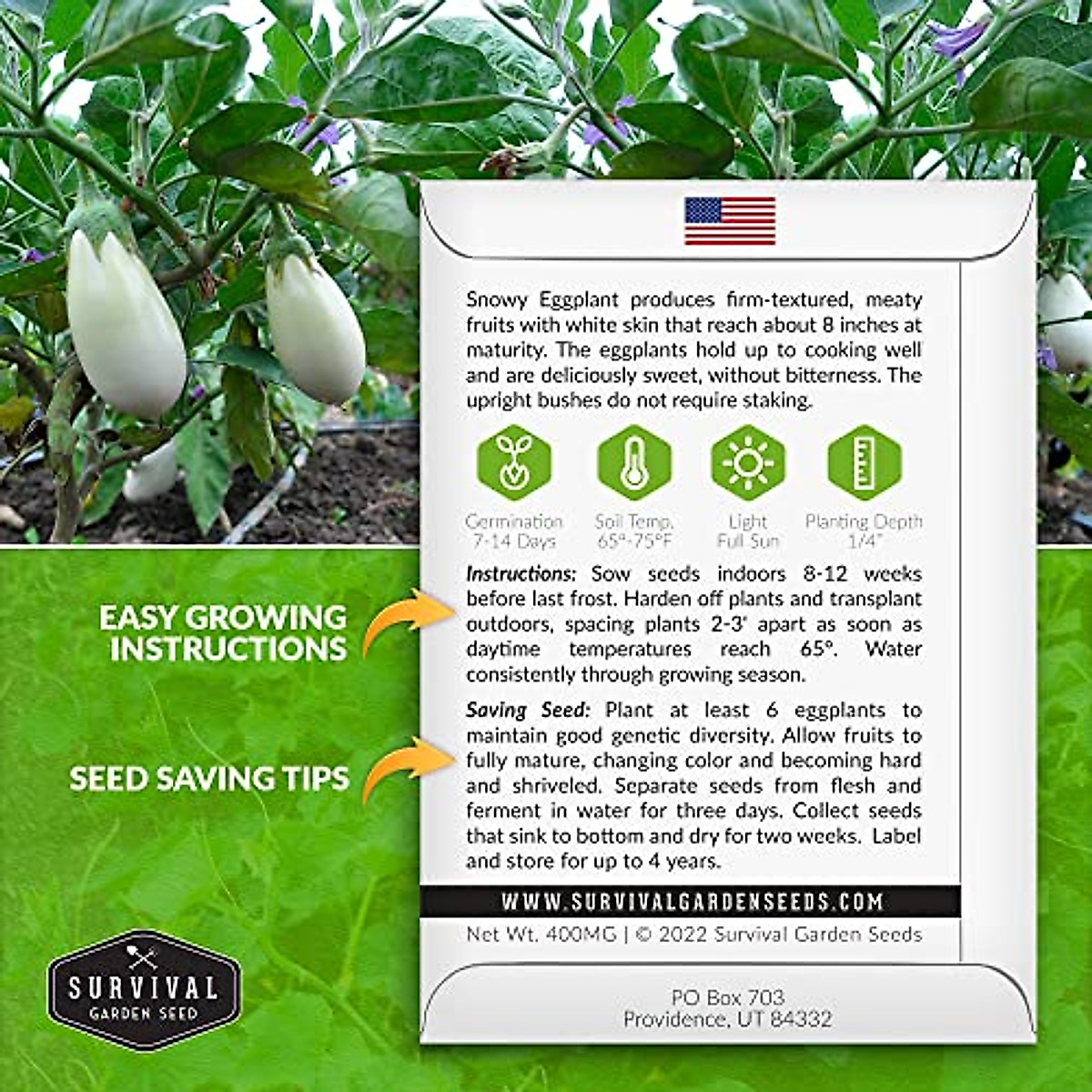 Survival Garden Seeds - Snowy Eggplant Seed for Planting - Packet with Instructions to Plant and Grow White Eggplant (Aubergine) in Your Home Vegetable Garden - Non-GMO Heirloom Variety