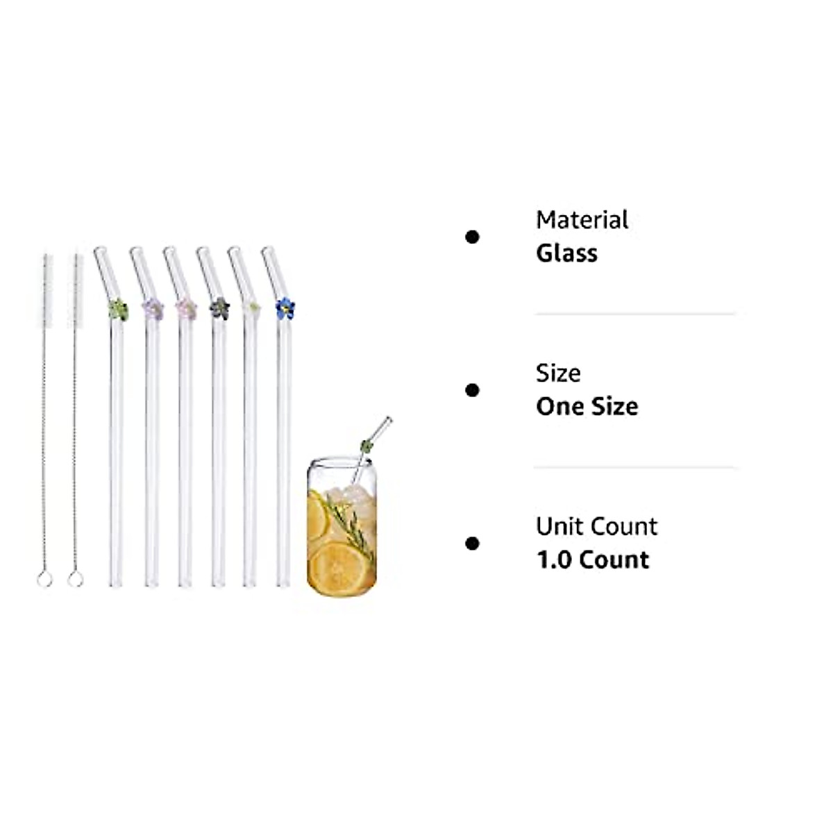 KIGOTWIN Reusable Glass Straw with Flower ,Colorful Shatter Resistant Bend Straws Cocktails Bar Accessories with Cleaning Brush (8), Blue,Green,White,Grey,Pink,Purple