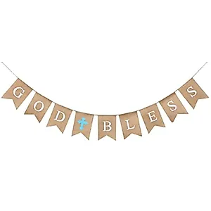 Shimmer Anna Shine Burlap God Bless Banner for Baby Girl Boy Baptism Decorations Christening First Communion Confirmation Baby Shower Wedding Birthday Party Photo Props (Blue)