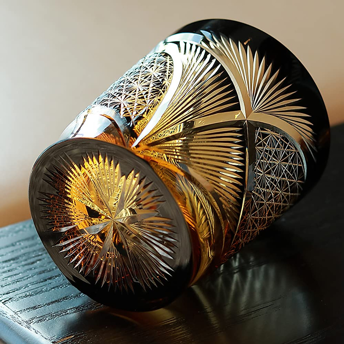 JINZHI Old Fashioned Glass Japanese Style 8OZ Amber Black Rocks Glasses Engraved Tumbler Drinkware Glasses for Whiskey Vodka with Gift Box