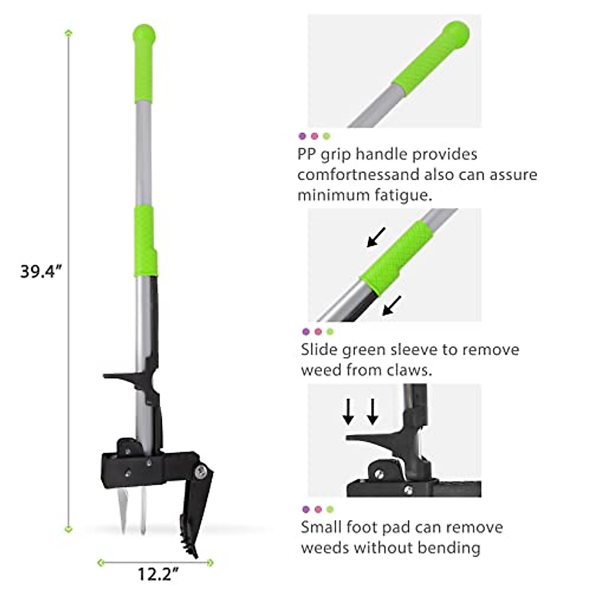 ORIENTOOLS Garden Weeder, Stand-up Steel Weeding Root Puller with 39 Inch Long Handle, Labor Saving Dandelions Remover Tool with 4 Claws and Heavy Duty Foot Pedal, No Bending or Kneeling