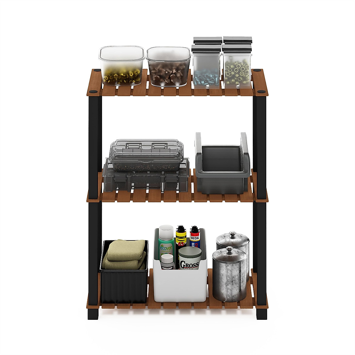 Furinno Pangkor 3-Tier Turn-N-Tube Indoor Outdoor Plant Shelf Wood Stand with Square Poles, Natural/Black