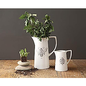 Creative Co-Op White Ceramic Pitcher with Bee Image