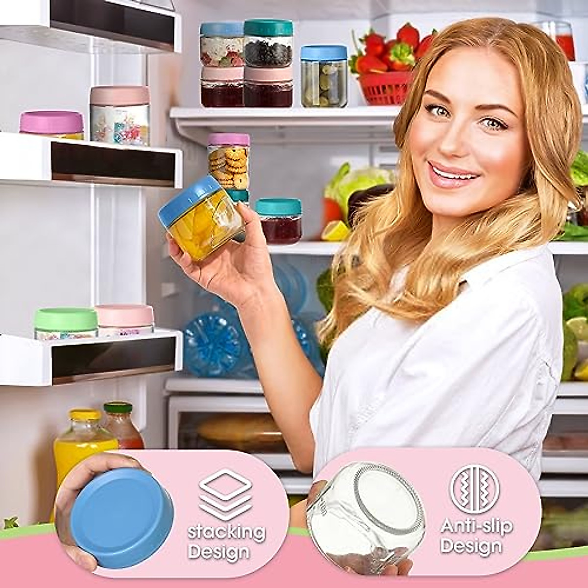 KITCHOP 4 Pack Overnight Oats Containers with Lids, Glass Jars with Lids, Mason Jars with Airtight Lids, Glass Storage Containers for Leftover, Breakfast and Lunch(9.1 oz)