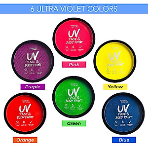 Water Activated UV Black Light Face and Body Paint - 6 Color Pack - Costume, Halloween and Club Makeup - Safe for all Skin Types - Easy On and Off - 18g Cakes - by Splashes & Spills
