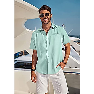 COOFANDY Men's Short Sleeve Linen Shirts Casual Button Down Shirt Summer Beach Tops Green
