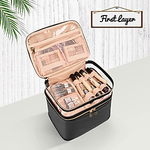 OCHEAL Large Makeup Bag, Double Layer Makeup Bag, Vertical Storage Cosmetic Case for Women/Girls with Multiple Compartments-Black