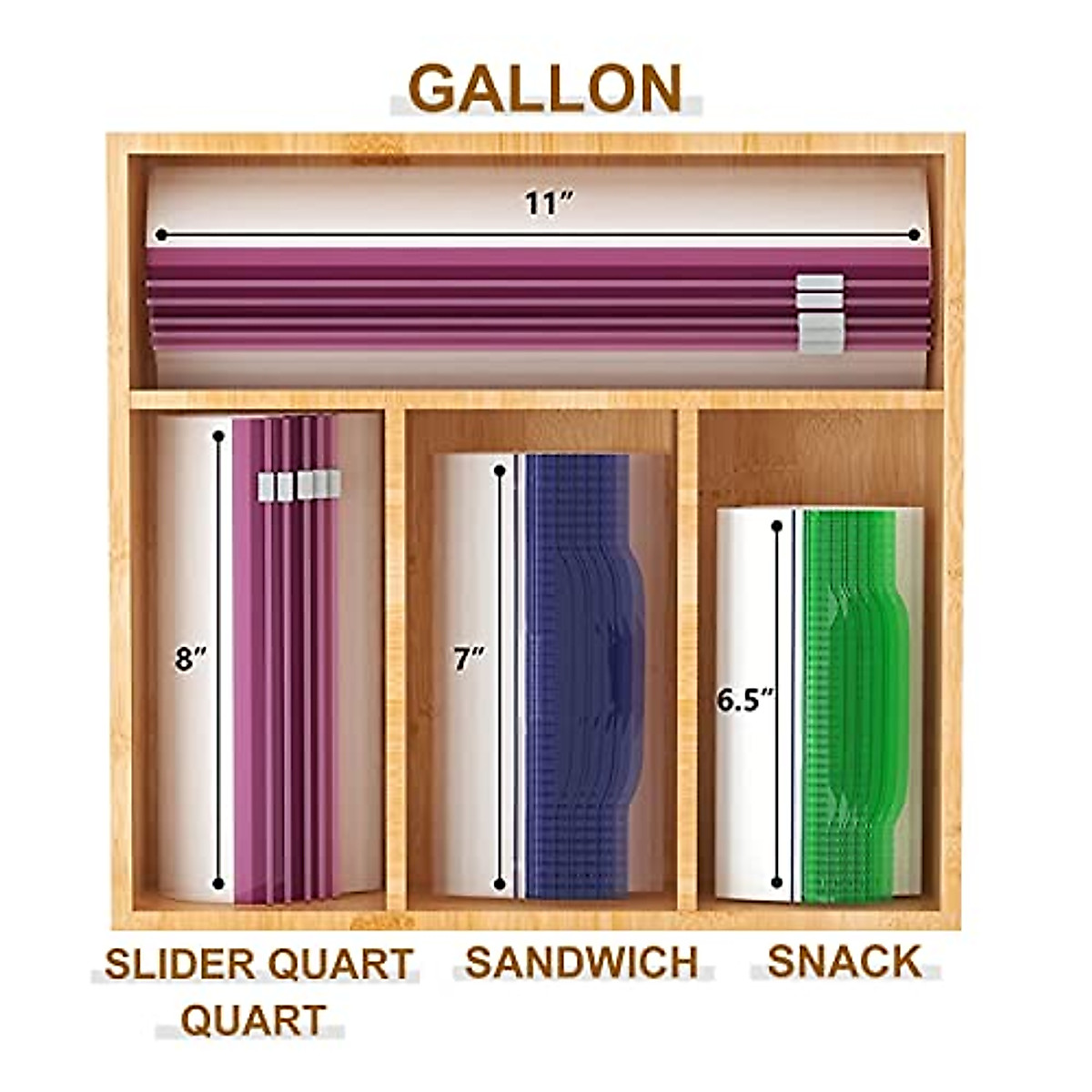 Bamboo Ziplock Bag Storage Organizer for Kitchen Drawer Large and Sturdy Ziplock Bag Organizer for Gallon, Quart, Sandwich, Snack, 8" Quart Bags, Variety Bags