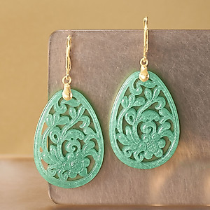 Ross-Simons Carved Jade Floral Drop Earrings in 14kt Yellow Gold