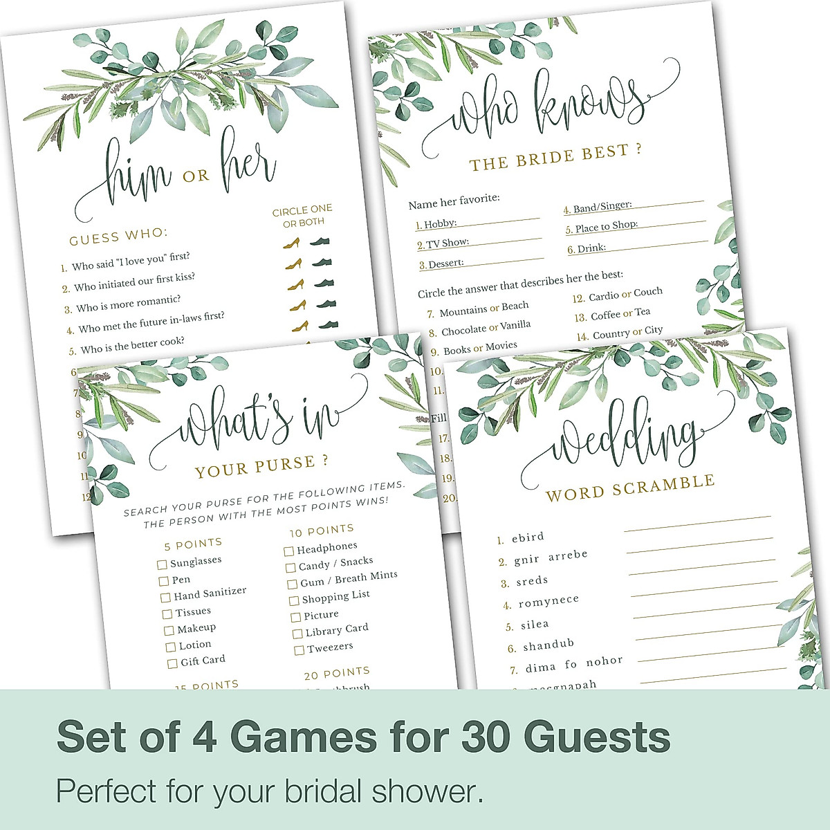 Papery Pop Bridal Shower Games - Set of 4 Games for 30 Guests - Double Sided Cards - Wedding Shower Games - Eucalyptus