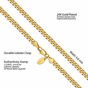 LIFETIME JEWELRY Miami Curb Square Cut Cuban Link Chain Necklaces 24k Gold Plated (5mm & 9.5mm) (20 inches, 5mm, Gold)