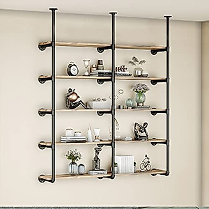 FJANKUI 5 Tier Industrial Rustic Wall Mount Wood Floating Iron Pipe Shelving, DIY Open Wall Display Bookshelf, Black Metal Bracket Storage Wall Shelf for Utility Shelves, Office Shelves, Etc