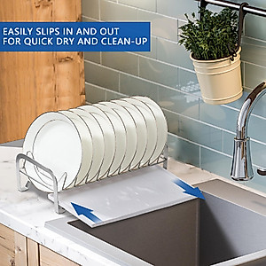 DorineRack Small Dish Drying Rack with Drain Tray, Space Saving Plate Organizer for Kitchen Cabinet,Anti-Rust Stainless Steel Pot Lid Organizer for Kitchen Sink (Single)