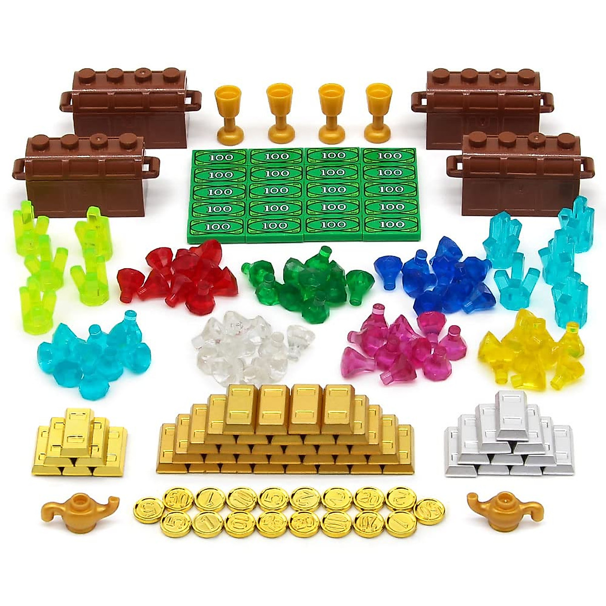Feleph Treasure Accessories Money Building Blocks Set Jewel Chest, Gems Diamonds, Bullion Gold Tile Silver Bar, Power Crystals, Coins, Goblet, 100 Dollar Bill Cash Toy Brick