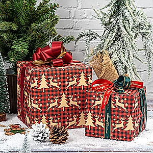 RUSPEPA Christmas Wrapping Paper,Kraft Paper - Red and Black Plaid Reindeer Design - 24 Inches x 100 Feet
