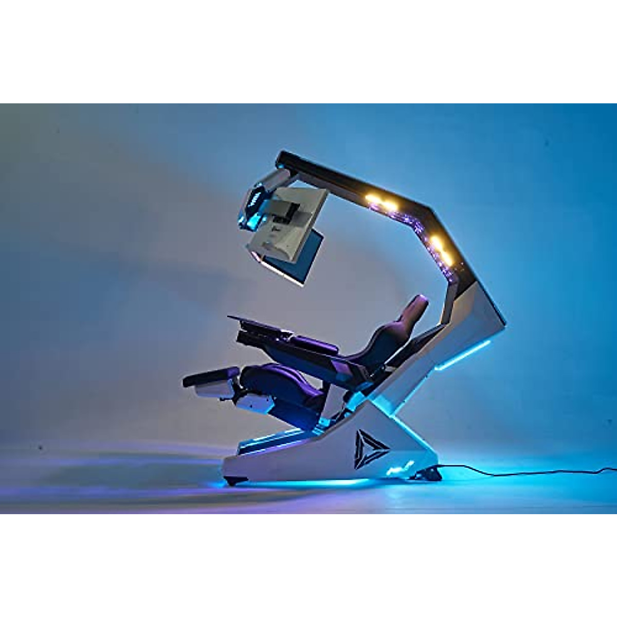 Imperatorworks R1 Pro White Computer Workstation with Massage PU Racing Gaming Chair and Speakers and Support 3 Monitors Zero Gravity Cockpit