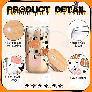 SiliFine 6 Pcs Halloween Drinking Party Glasses 16 oz Ghost Pumpkin Glass Cup with Bamboo Lid and Glass Straw Spooky Can Shaped Beer Glass Bat Mason Jar Glass Cups for Halloween Party Gift