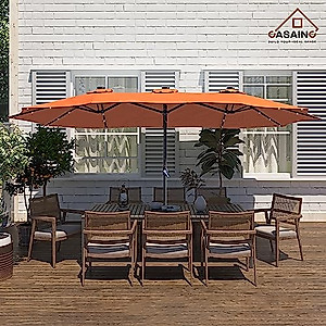 CASAINC 15 FT Solar LED Patio Umbrella with Base Double-Sided Extra Large Outdoor Umbrella Market Rectangular Twin Umbrella w/Crank for Garden Deck Lawn Pool Backyard-Orange (with Lights)